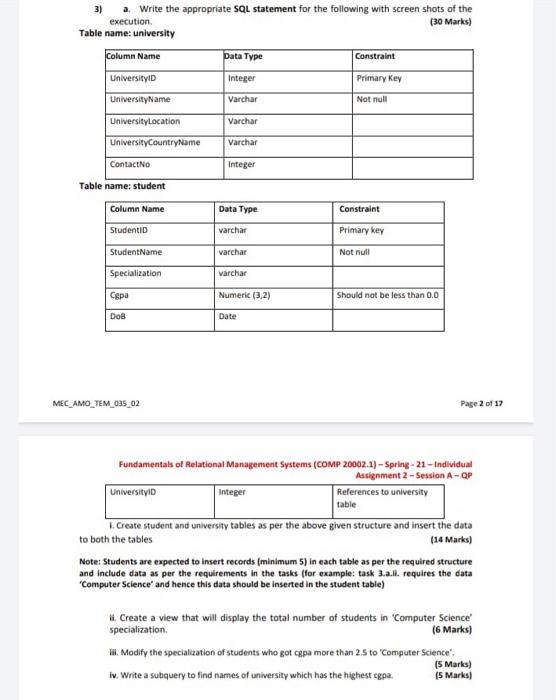 Solved 3) a. Write the appropriate SQL statement for the | Chegg.com