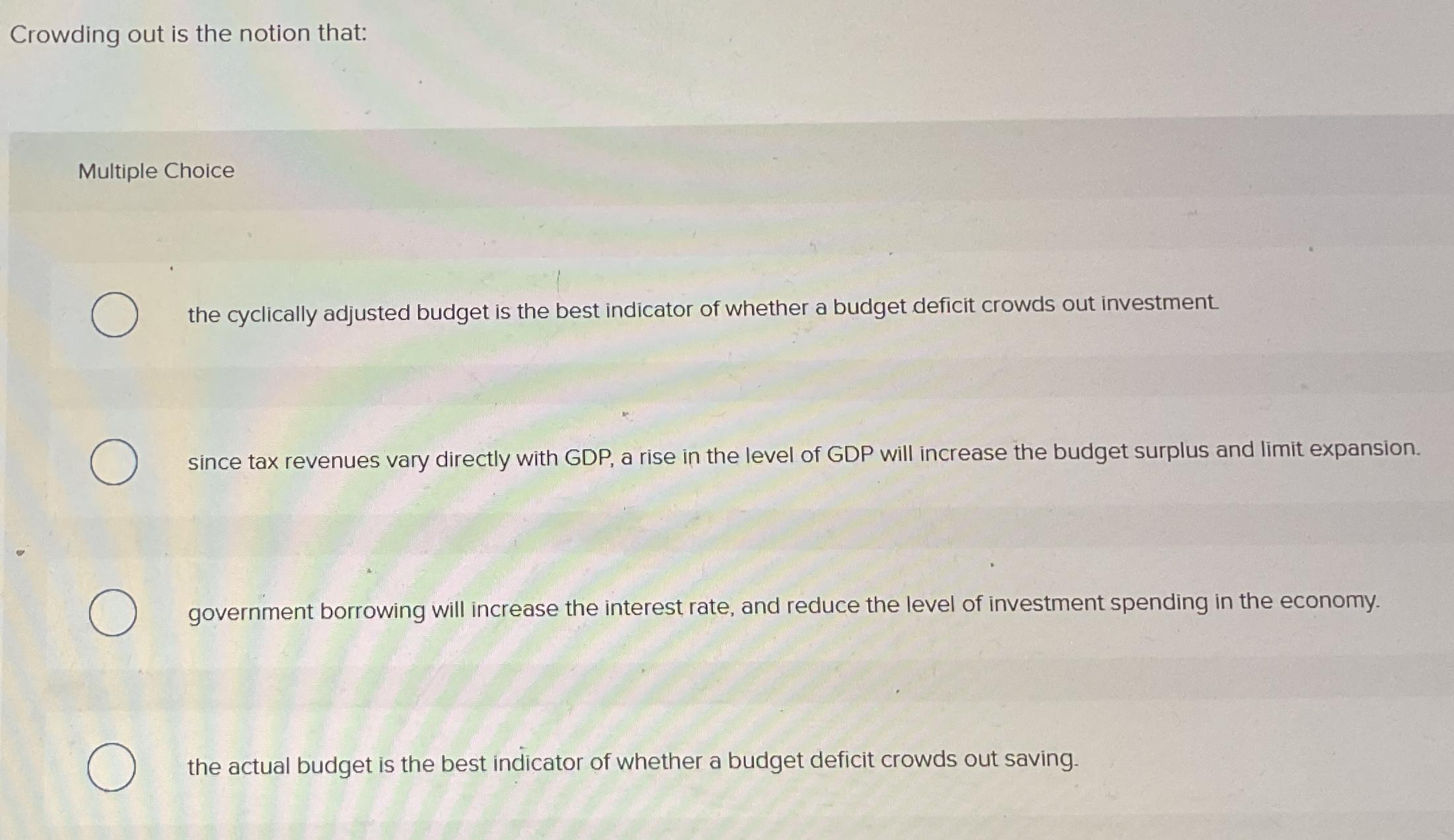 Solved Crowding out is the notion that:Multiple Choicethe | Chegg.com