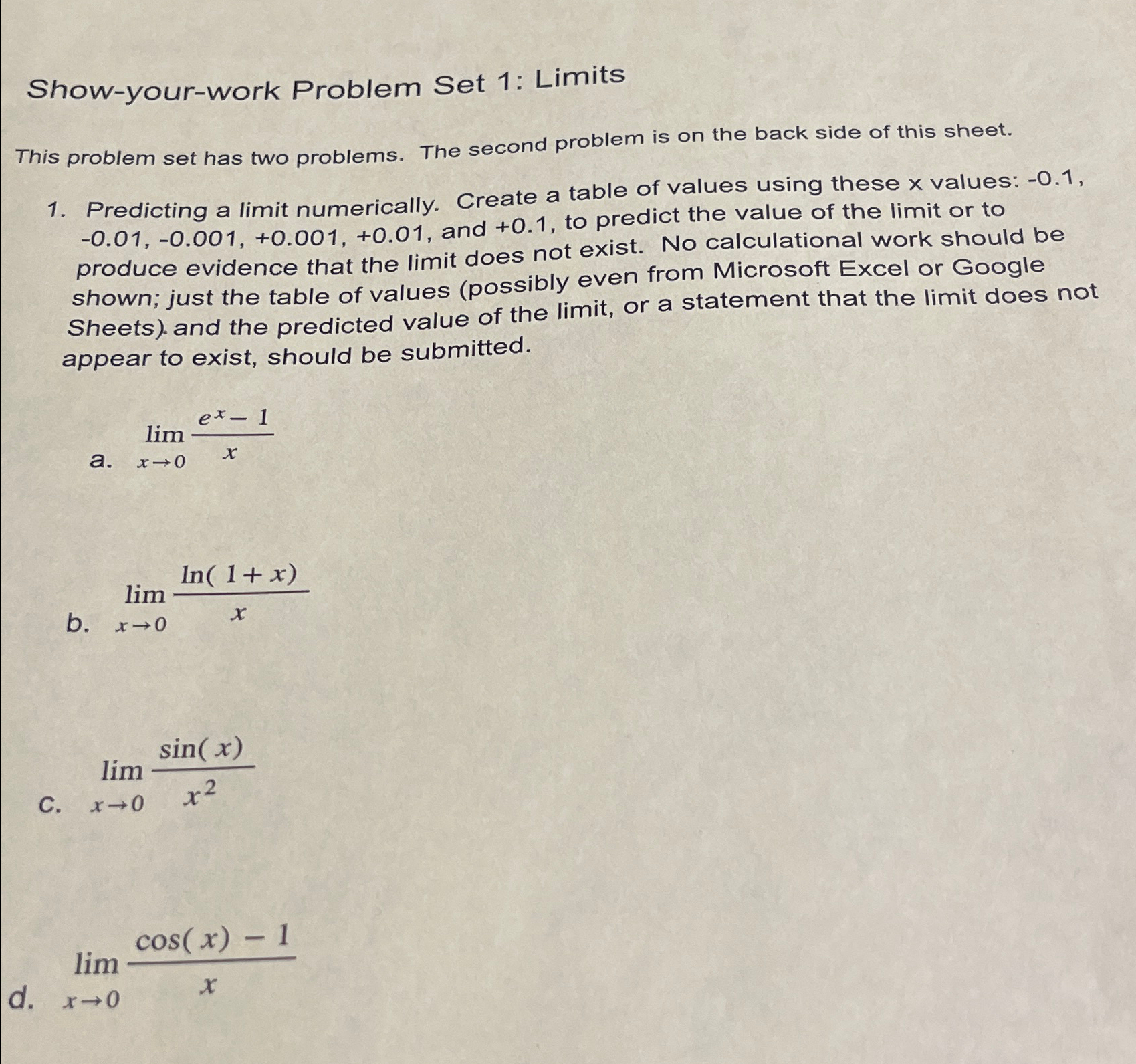 Solved Show-your-work Problem Set 1: LimitsThis problem set | Chegg.com