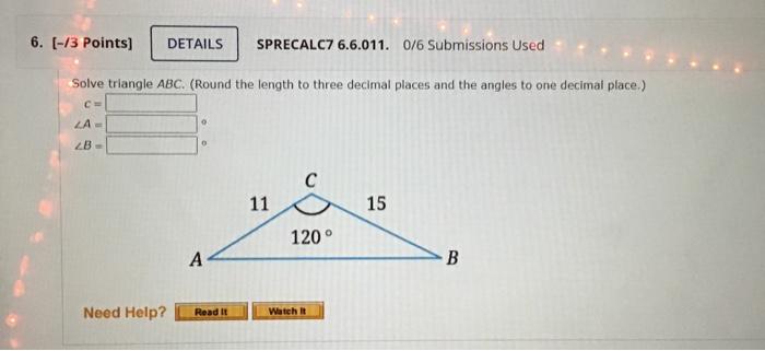 Solved Solve the triangle ABC. (Round the length to three | Chegg.com