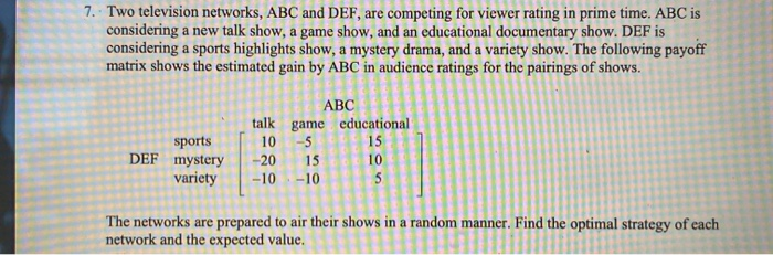 Solved 7. Two television networks, ABC and DEF, are | Chegg.com