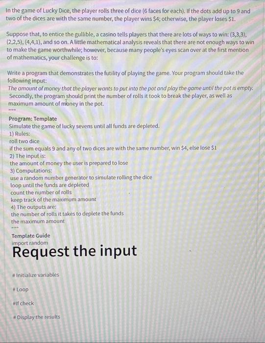 Solved In the game of Lucky Dice, the player rolls three of | Chegg.com