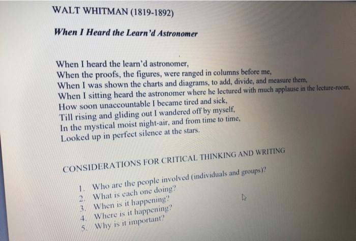 Solved WALT WHITMAN (1819-1892) When I Heard the Learn'd | Chegg.com