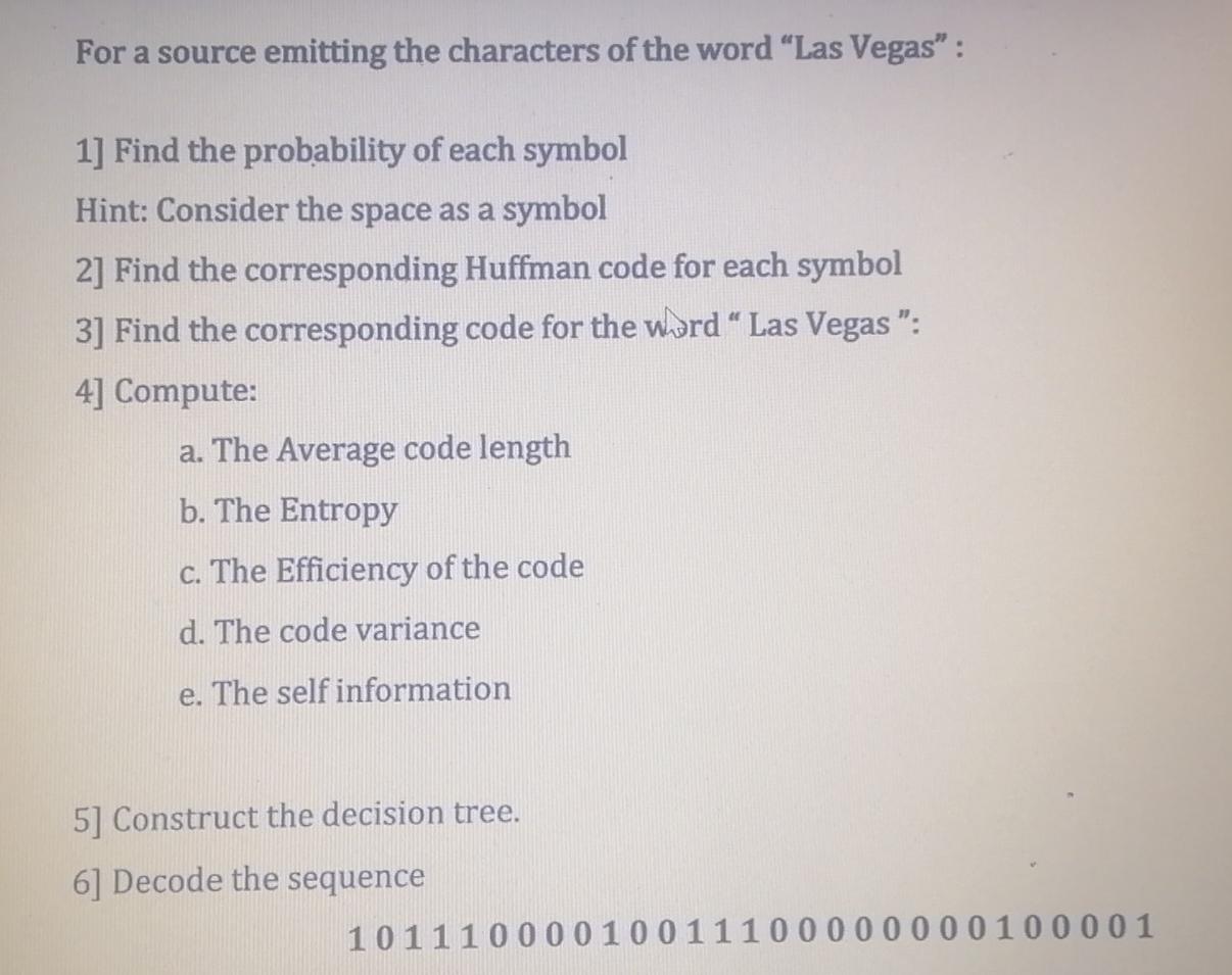 Solved For a source emitting the characters of the word "Las | Chegg.com
