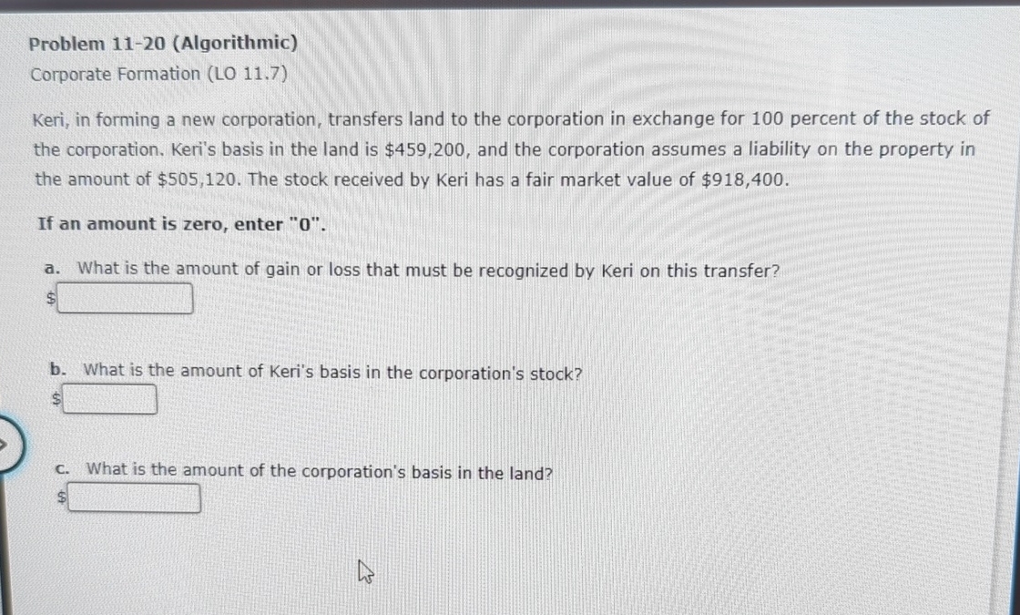 Solved Problem 11-20 (Algorithmic)Corporate Formation (LO | Chegg.com