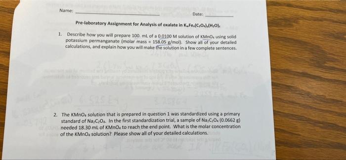 Solved Name: Date: Pre-laboratory Assignment for Analysis of | Chegg.com