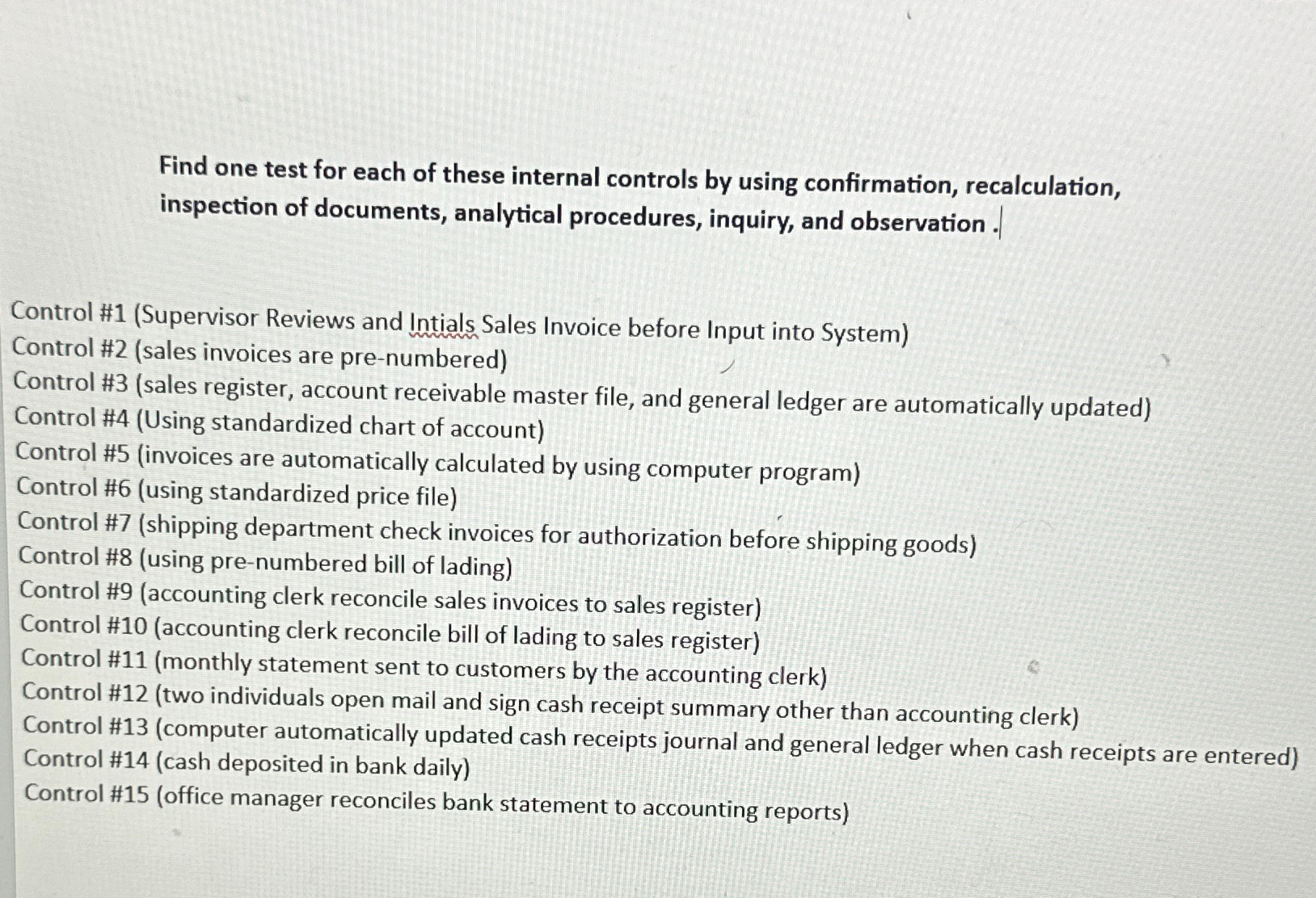 Solved Find one test for each of these internal controls by | Chegg.com