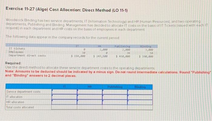 Solved Exercise 11-27 (Algo) Cost Allocation: Direct Method | Chegg.com