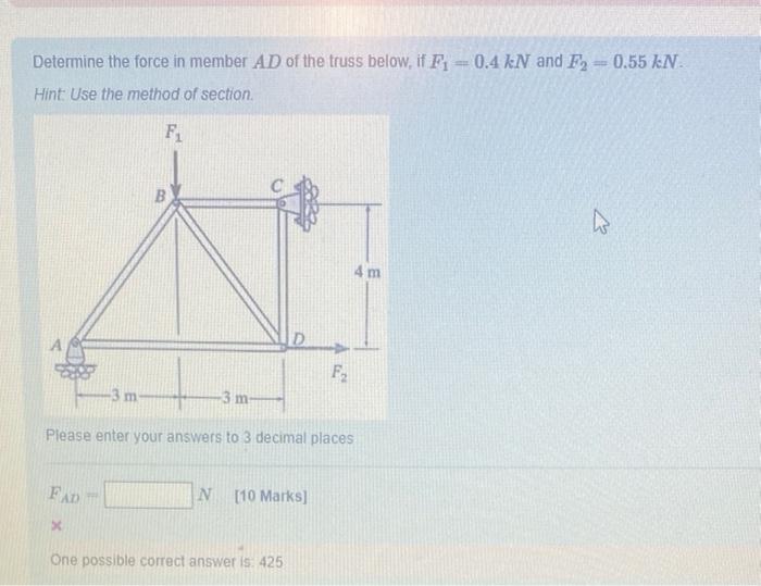 Solved Determine the force in member AD of the truss below, | Chegg.com