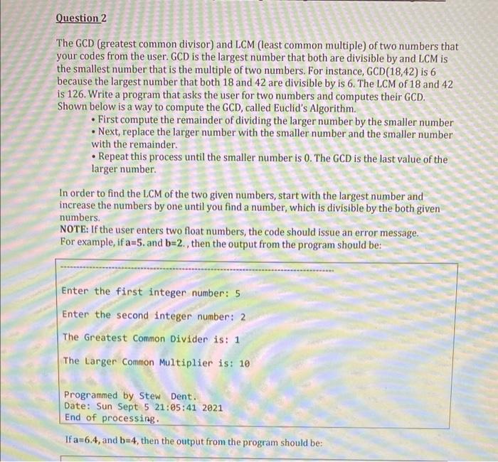 Solved Question 2 The GCD (greatest common divisor) and LCM | Chegg.com