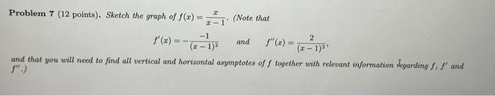 Solved Problem 7 (12 points). Sketch the graph of f(x)=x−1x. | Chegg.com