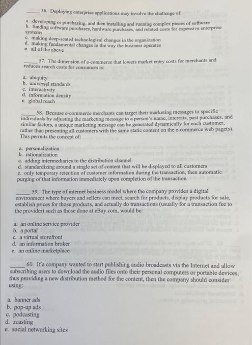 Solved 56. Deploying enterprise applications may involve the | Chegg.com