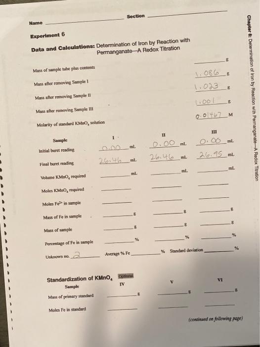 Solved Section Name Experiment 6 Data and Calculations: | Chegg.com
