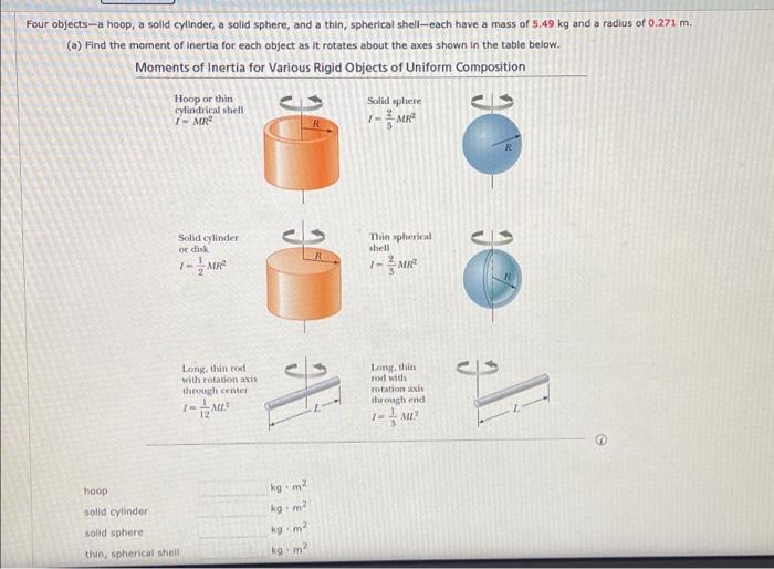 Solved Four objects -a hoop, a solld cylinder, a solid | Chegg.com