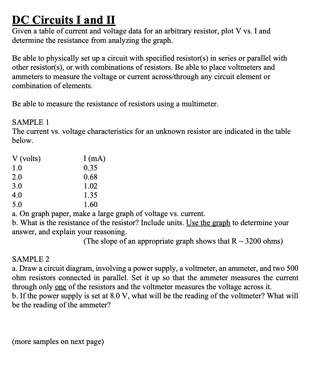 Solved DC Circuits I and II Given a table of current and | Chegg.com