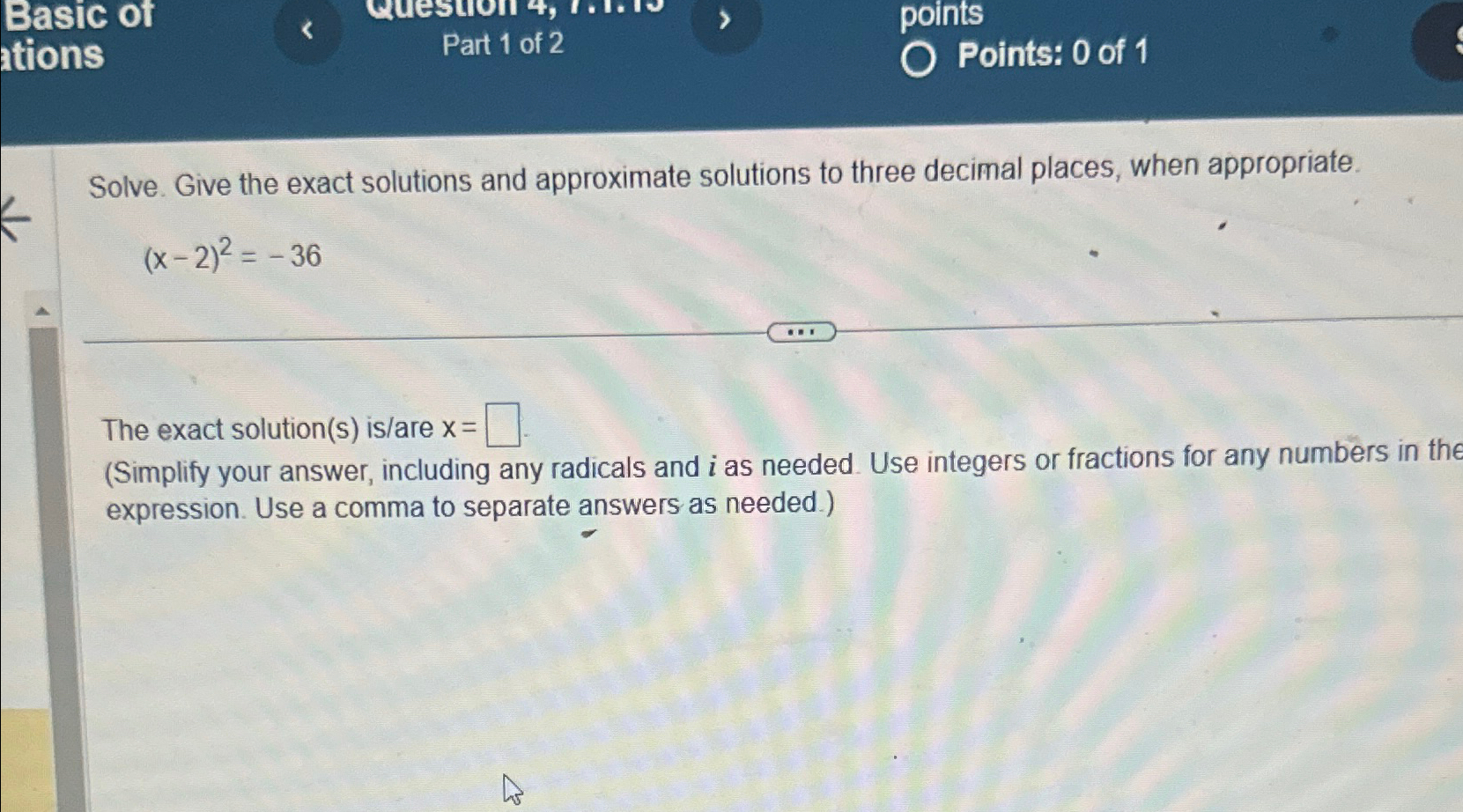 Solved Basic ofationsPart 1 ﻿of 2Points: 0 ﻿of 1Solve. Give | Chegg.com