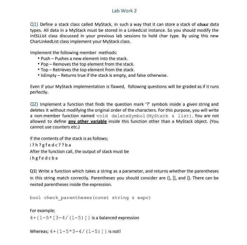 Lab Work 2 Q1) Define a stack class called MyStack, | Chegg.com