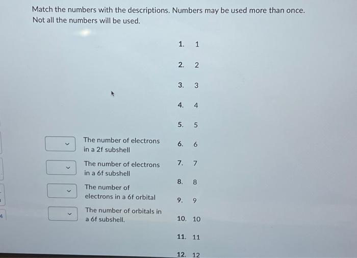 Solved Match the numbers with the descriptions. Numbers may | Chegg.com