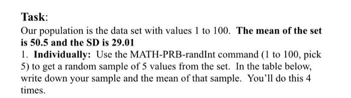 Solved Task: Our population is the data set with values 1 to | Chegg.com