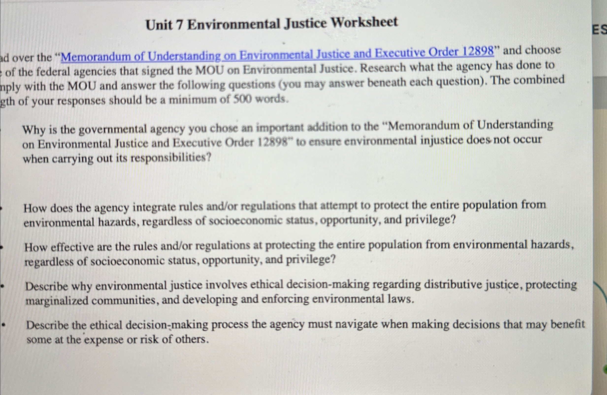 Solved Unit 7 ﻿Environmental Justice Worksheetad over the | Chegg.com