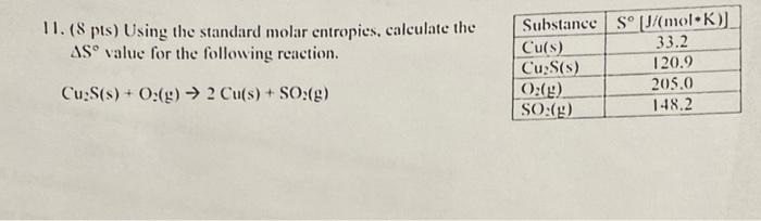 Solved 11. (8 pts) Using the standard molar entropies, | Chegg.com