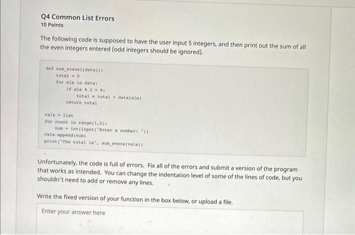 Solved Q4 Common List Errors 10 Points The following code is | Chegg.com