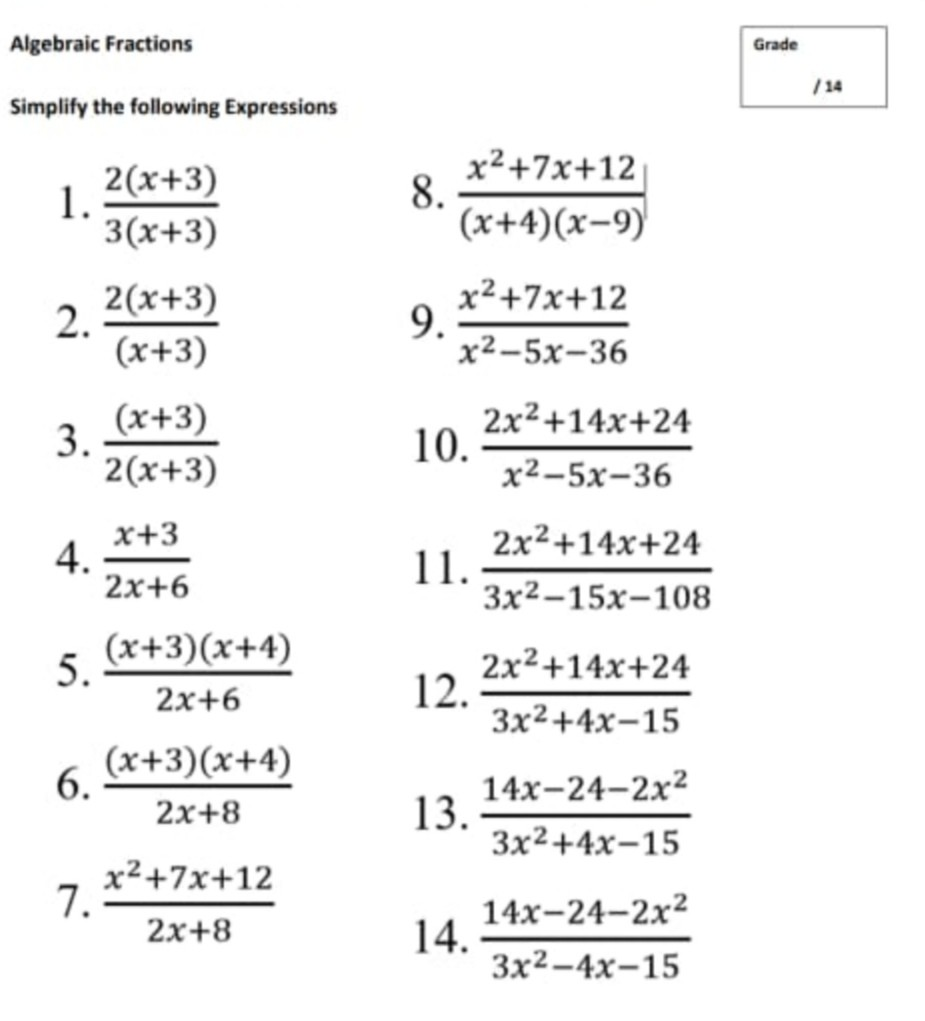 Solved Algebraic Fractions Grade Simplify The Following Chegg