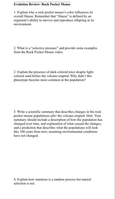 Solved Evolution Review: Rock Pocket Mouse 1. Explain why a | Chegg.com