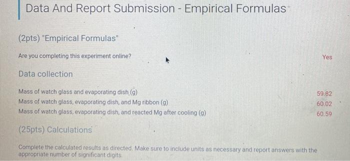 Solved Data And Report Submission - Empirical Formulas | Chegg.com