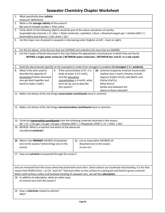 Solved Seawater Chemistry Chapter Worksheet 1. What | Chegg.com