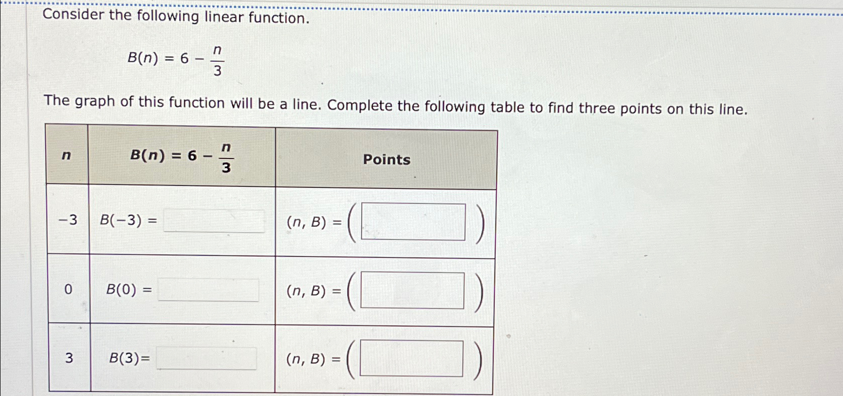 Solved Consider the following linear function.B(n)=6-n3The | Chegg.com