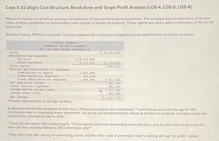 Solved Case 5-32 (Algo) Cost Structure; Break-Even and | Chegg.com