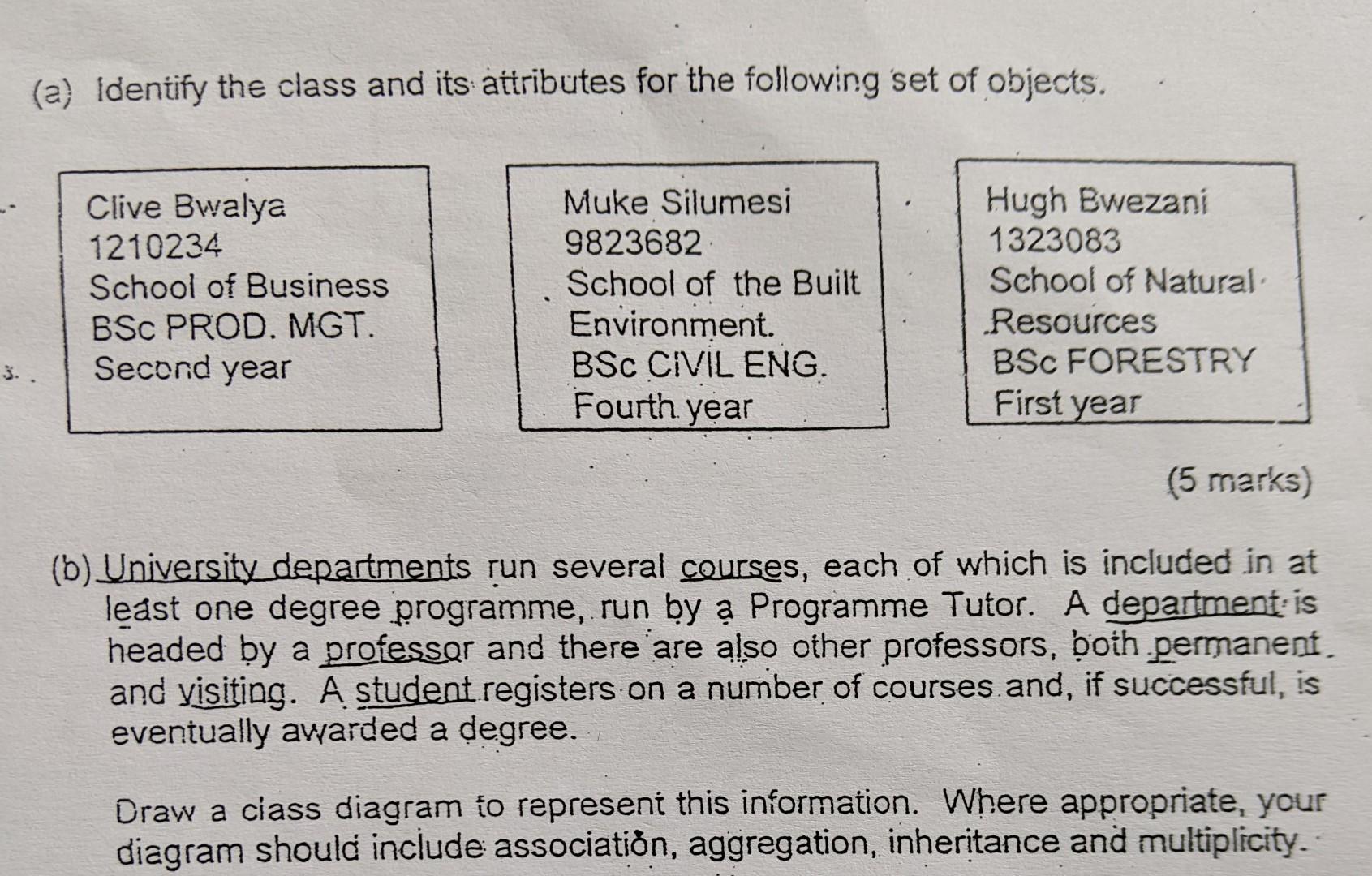Solved (a) Identify the class and its attributes for the | Chegg.com