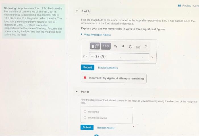 Solved Review Cone Part A Shrinking Loop. A circular loop of | Chegg.com