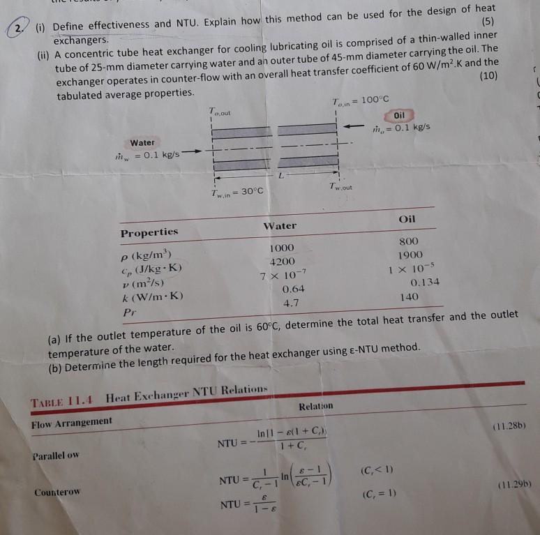 Solved r 2. (i) Define effectiveness and NTU. Explain how | Chegg.com