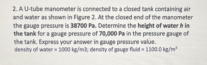 [Solved]: 2. A U-tube manometer is connected to a closed t
