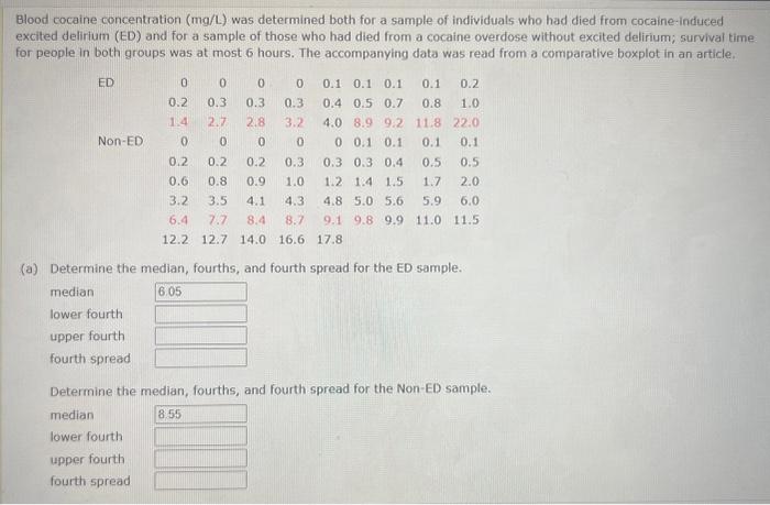 Solved Blood cocaine concentration (mg/L ) was determined | Chegg.com