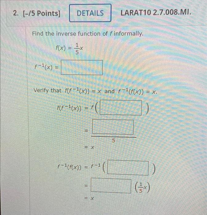Solved Find the inverse function of Finformally. f(x) = 8x | Chegg.com