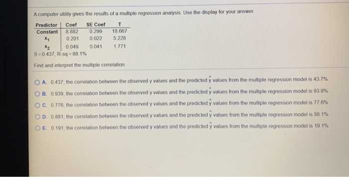 Solved A computer utility gives the results of a multiple | Chegg.com