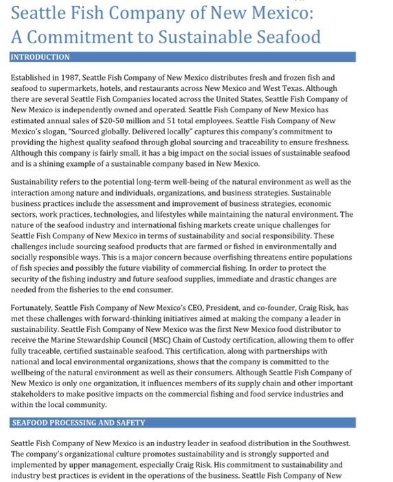 Solved Seattle Fish Company of New Mexico: A Commitment to | Chegg.com