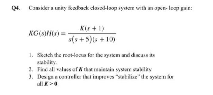 Solved Q4. Consider a unity feedback closed-loop system with | Chegg.com