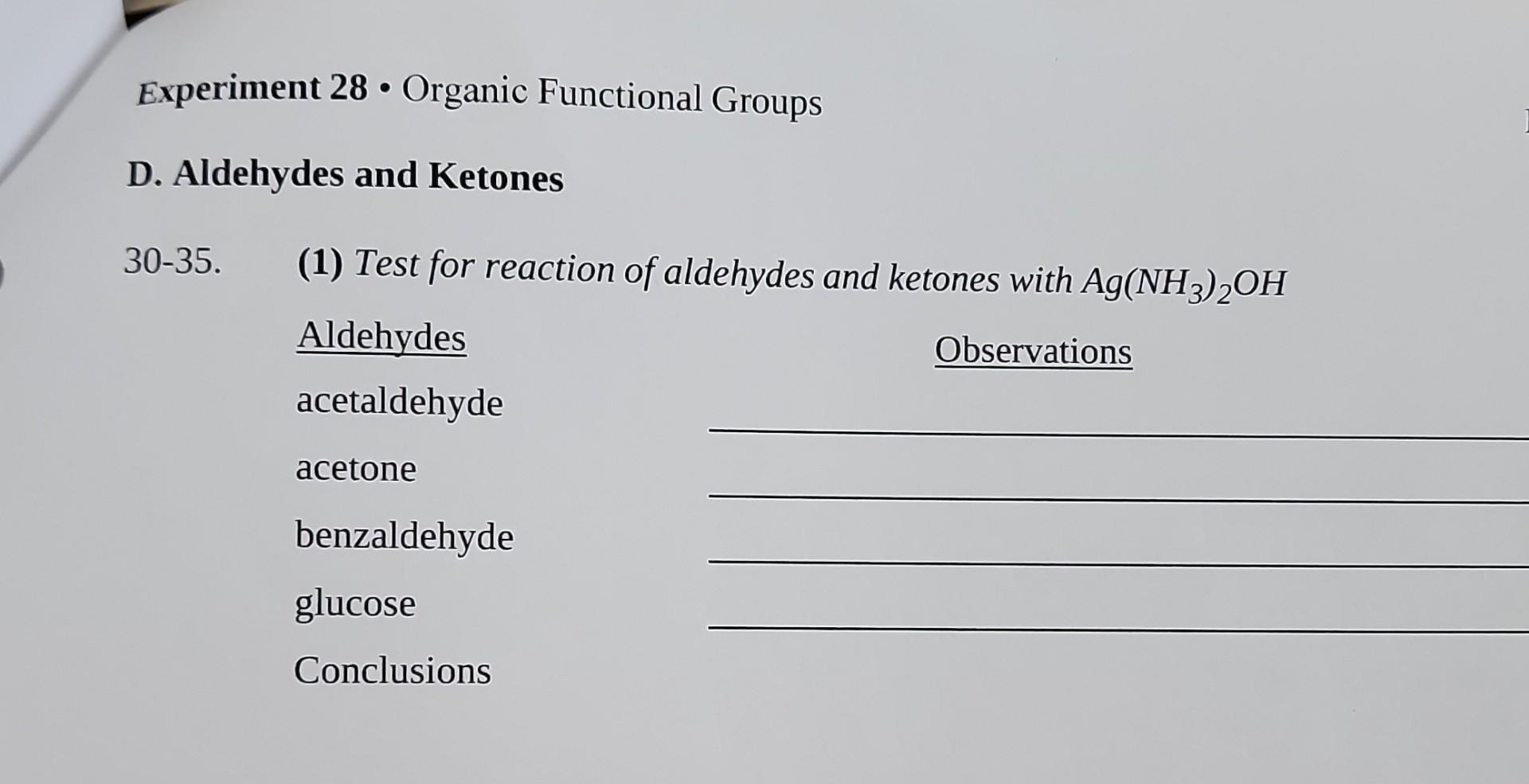 Experiment 28⋅ Organic Functional Groups D. Aldehydes | Chegg.com