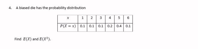 Solved 4 A biased die has the probability distribution X 1 2 | Chegg.com