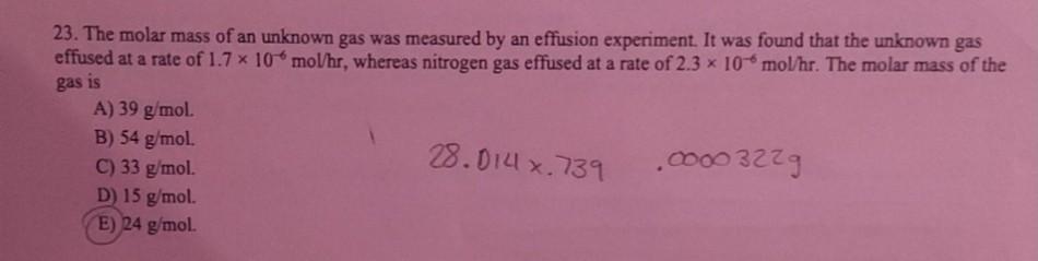 Solved 23. The molar mass of an unknown gas was measured by | Chegg.com