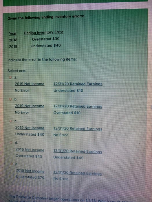 Solved Given the following Ending Inventory errors: Year | Chegg.com