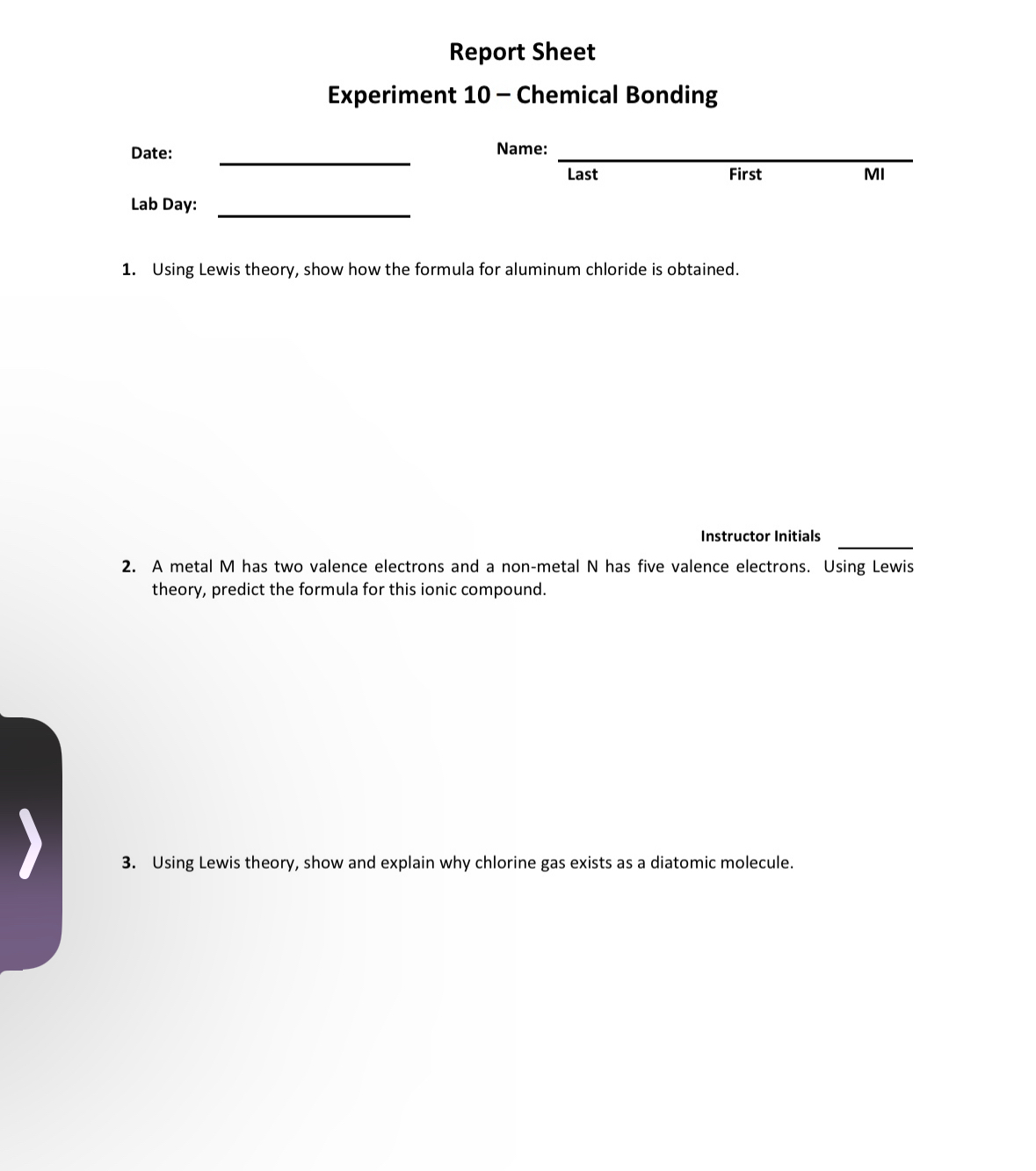 Solved Report SheetExperiment 10-Chemical BondingDate:Lab | Chegg.com