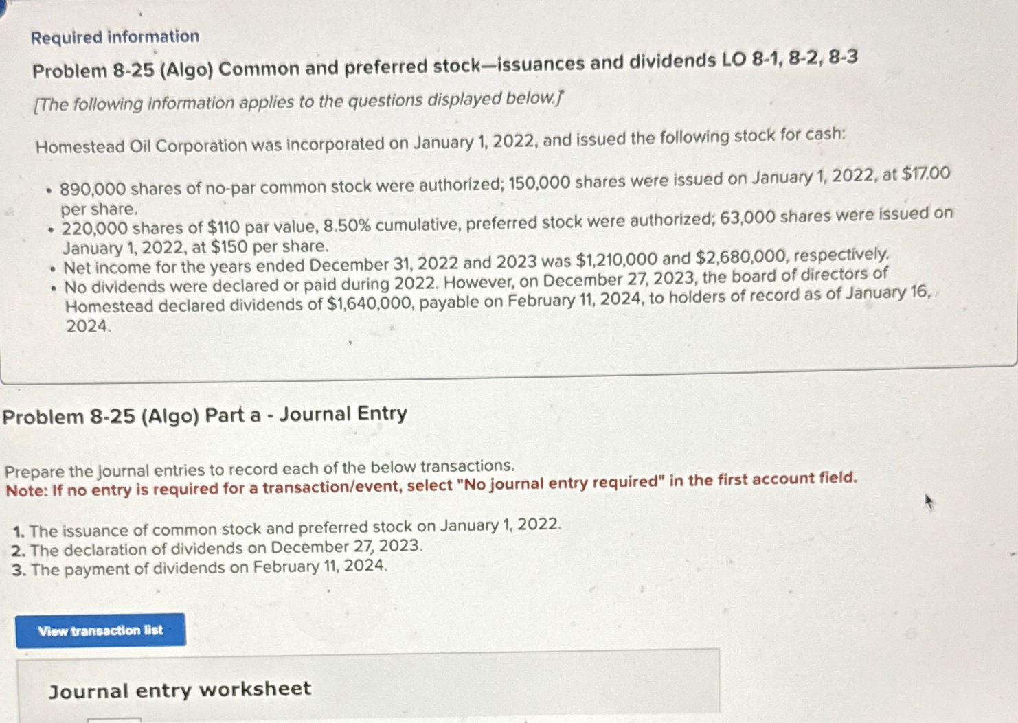 Required informationProblem 8-25 (Algo) ﻿Common and | Chegg.com