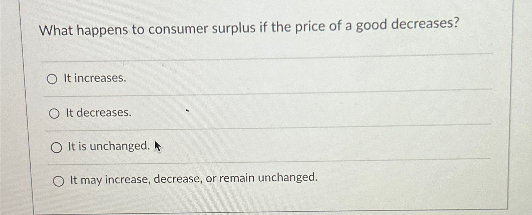 Solved What happens to consumer surplus if the price of a | Chegg.com