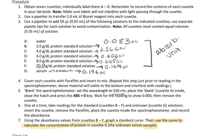 Solved 1. Obtain seven cuvettes; individually label them | Chegg.com