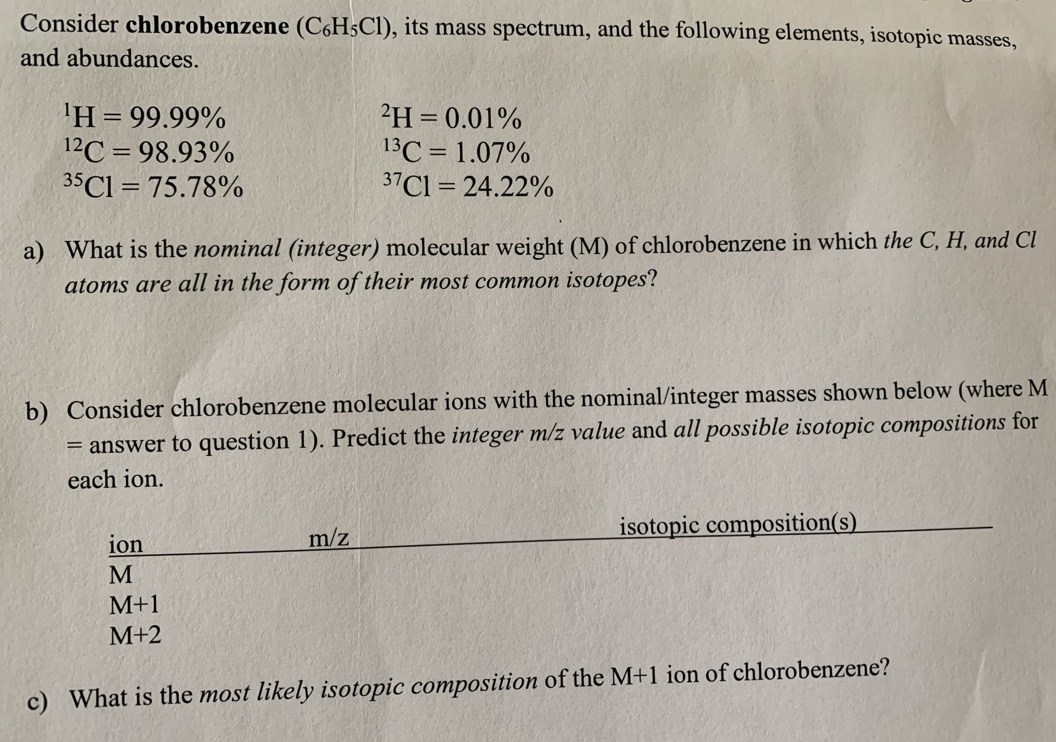 Solved Consider chlorobenzene (C6H5Cl), ﻿its mass spectrum, | Chegg.com